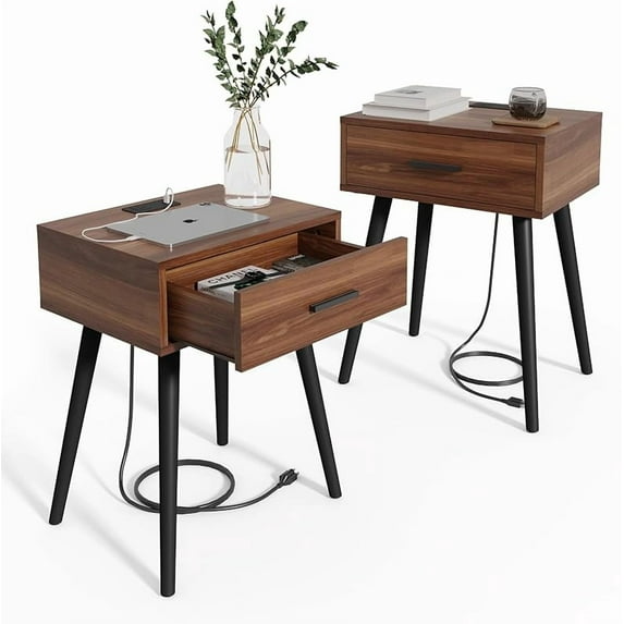HAIOOU Set of 2 Mid Century Nightstand with Charging Station, End Table ...