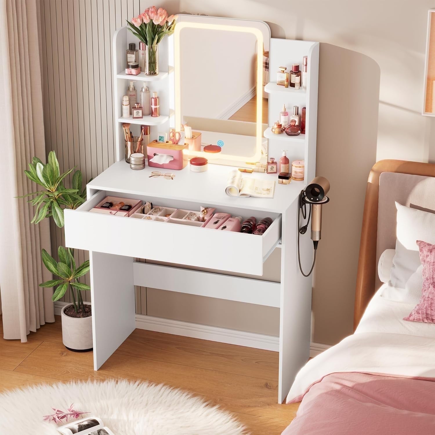 HAIOOU Compact Vanity Desk, Small White Makeup Table with Adjustable LED Mirror, Storage Shelves ...