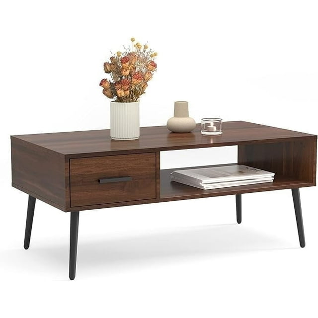HAIOOU Mid Century Wooden Coffee Table with Drawer, Brown - Walmart.com