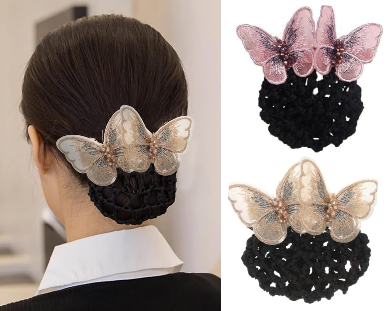 HAIR WALA 02 PCS Butterfly Barrette Clip Embellished Juda Net Hair Clips for Women Hair Bun ...