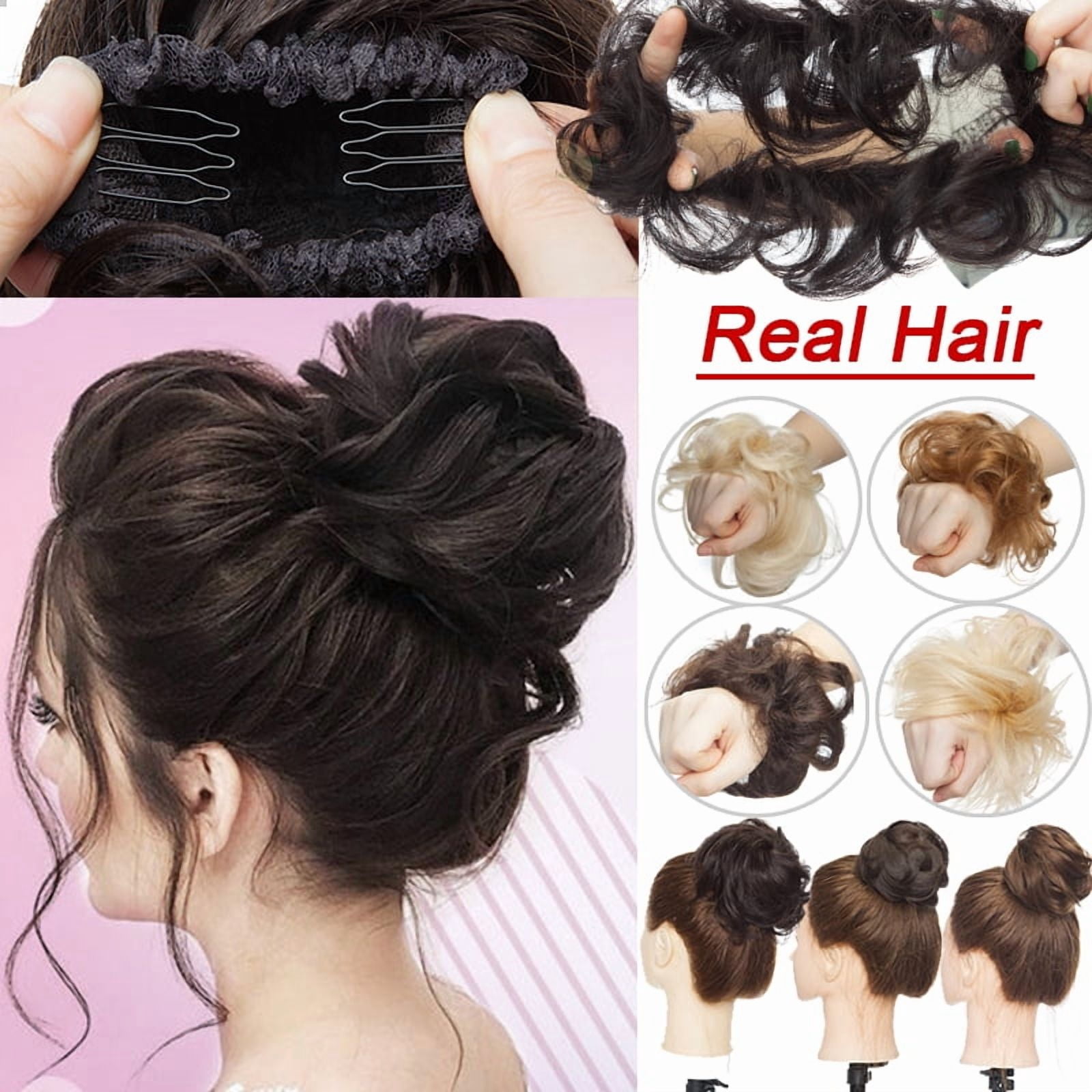 HAIRRO 100% Human Hair Scrunchies, Straight/Curly Messy Bun Hairpiece ...