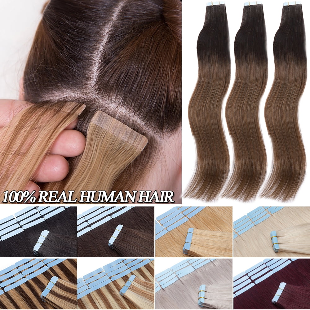 HAIRRO 18Inch Tape In Hair Extensions Human Hair Chocolate Brown to ...