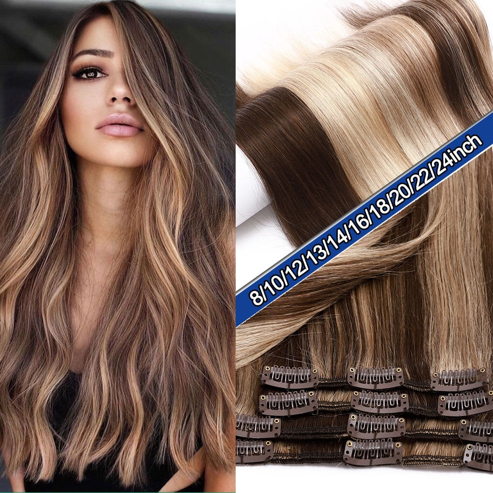 HAIRRO Clip In Human Hair Extensions, Brazilian Hair 8pcs/18Clips Dark ...