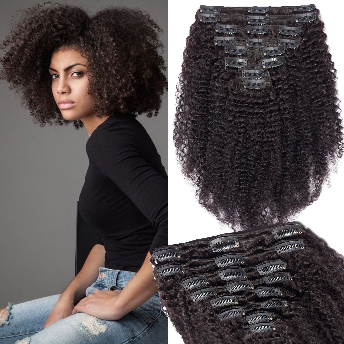 HAIRRO Kinky Curly Clip in Hair Extensions Real Human Hair for Black ...