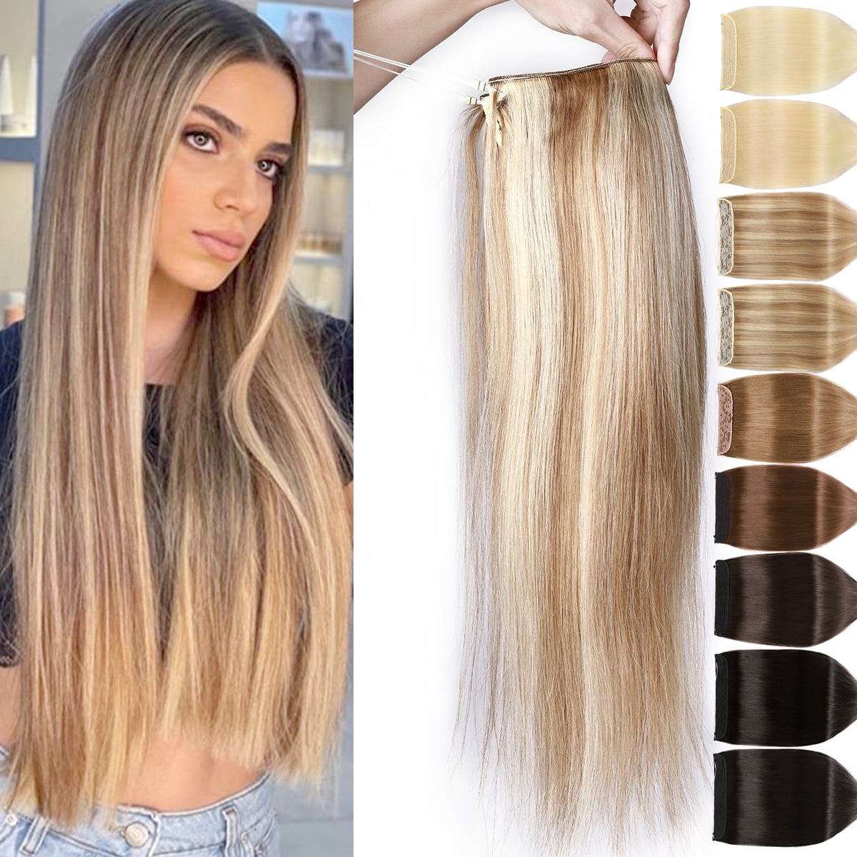 HAIRRO Wire Hair Extensions 100% Real Human Hair Straight Hair ...