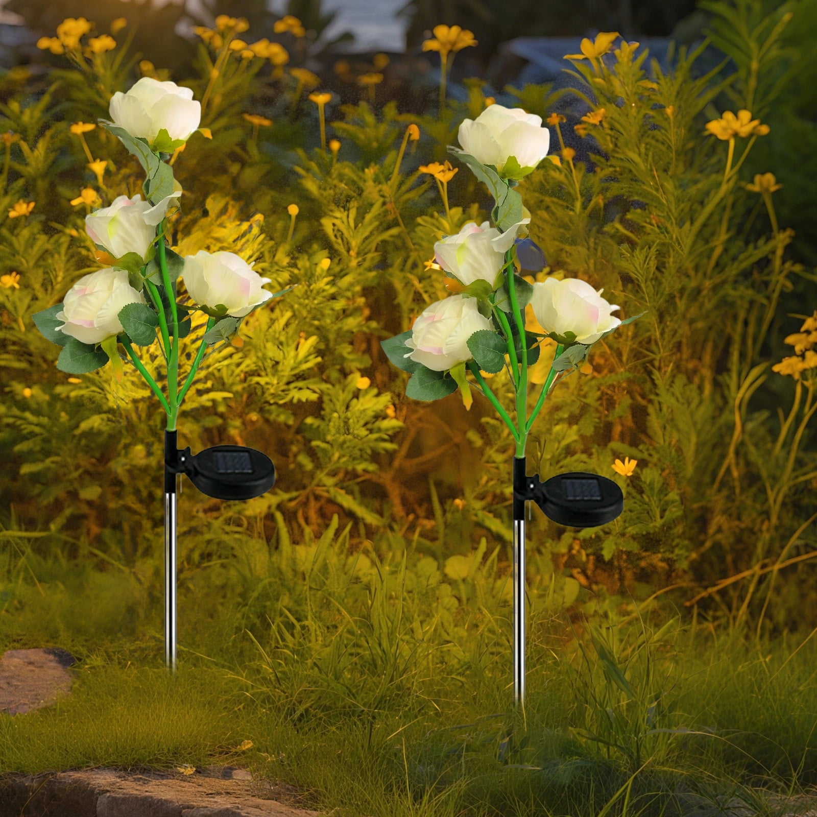 HAJAGP 2-Pack Solar Rose Garden Lights in White, 4-Head Waterproof ...