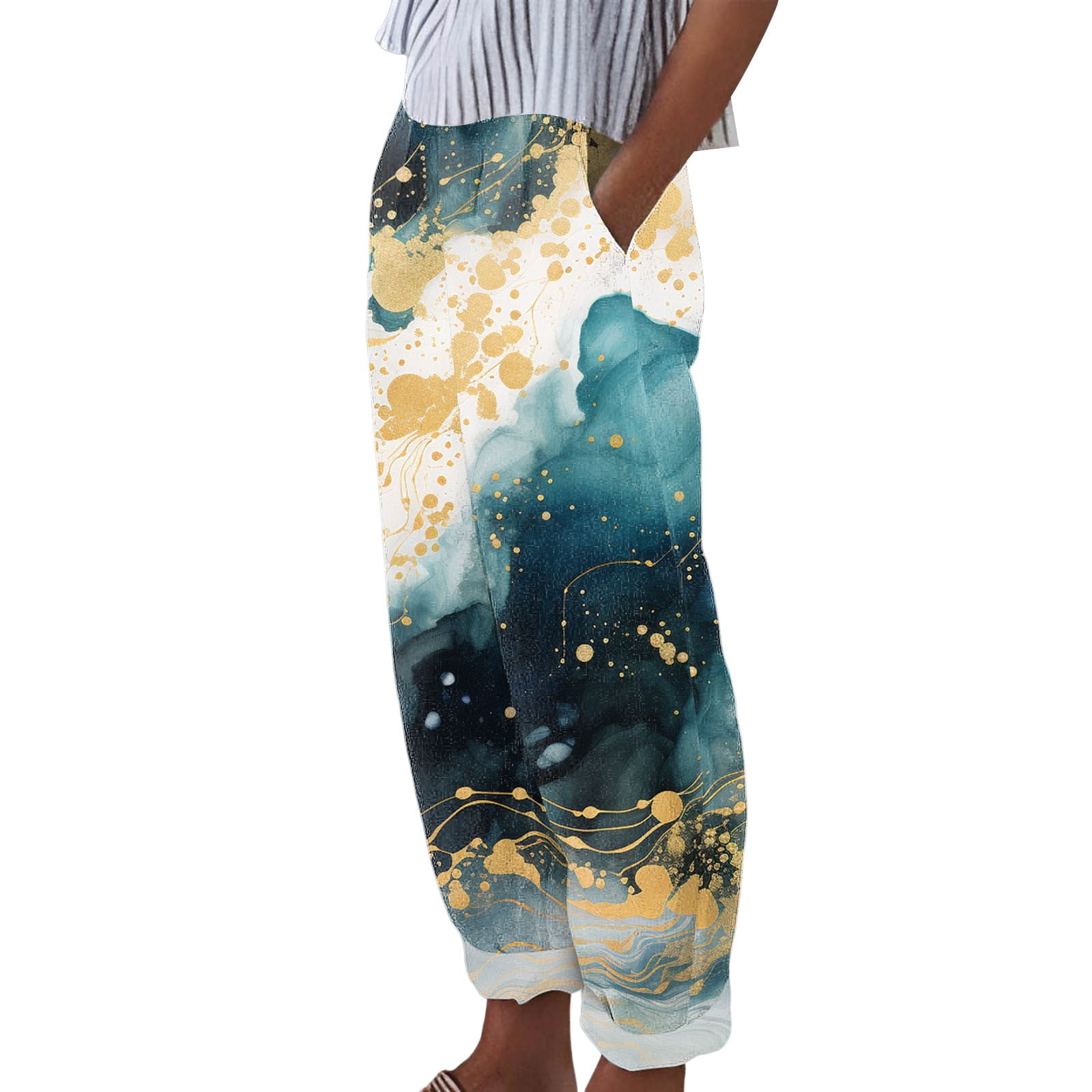 Hajgjp Womens Pants Womens Casual Print Pants Baggy Elastic Waist