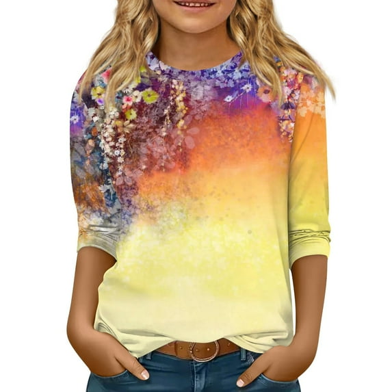 HAJWOH 3/4 Sleeve Shirts for Teen Girls 2026 Floral Graphic Tops Crew ...