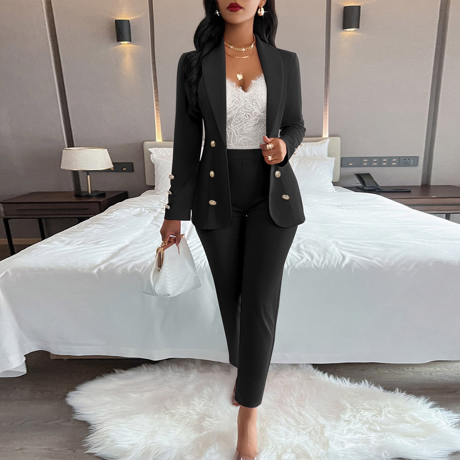 HAJWOH Blazer Sets Women 2 Piece Outfits Lapel Open Front 2 Piece ...