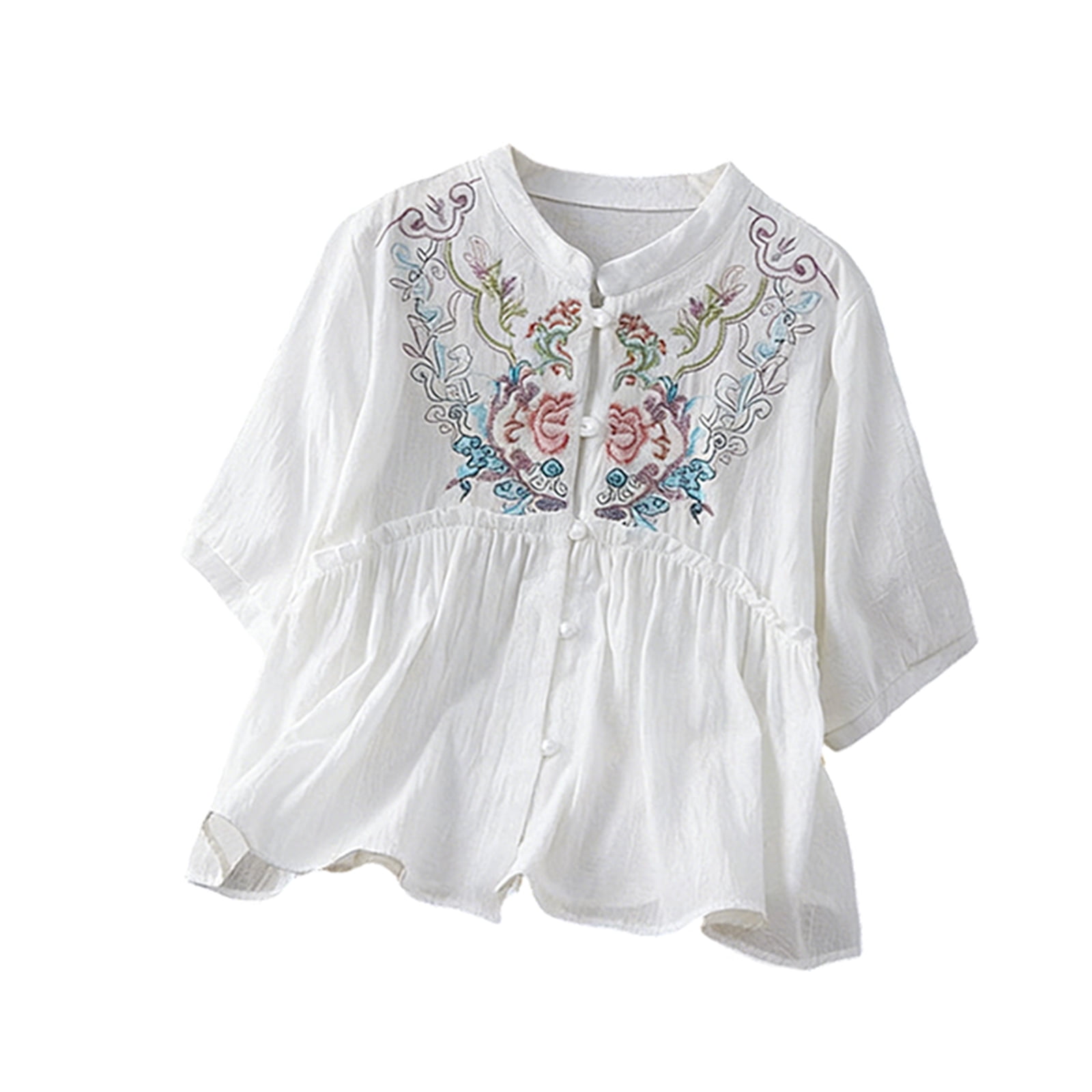 HAJWOH Boho Linen Shirts for Women Embroidered 3/4 Sleeve Bohemian ...