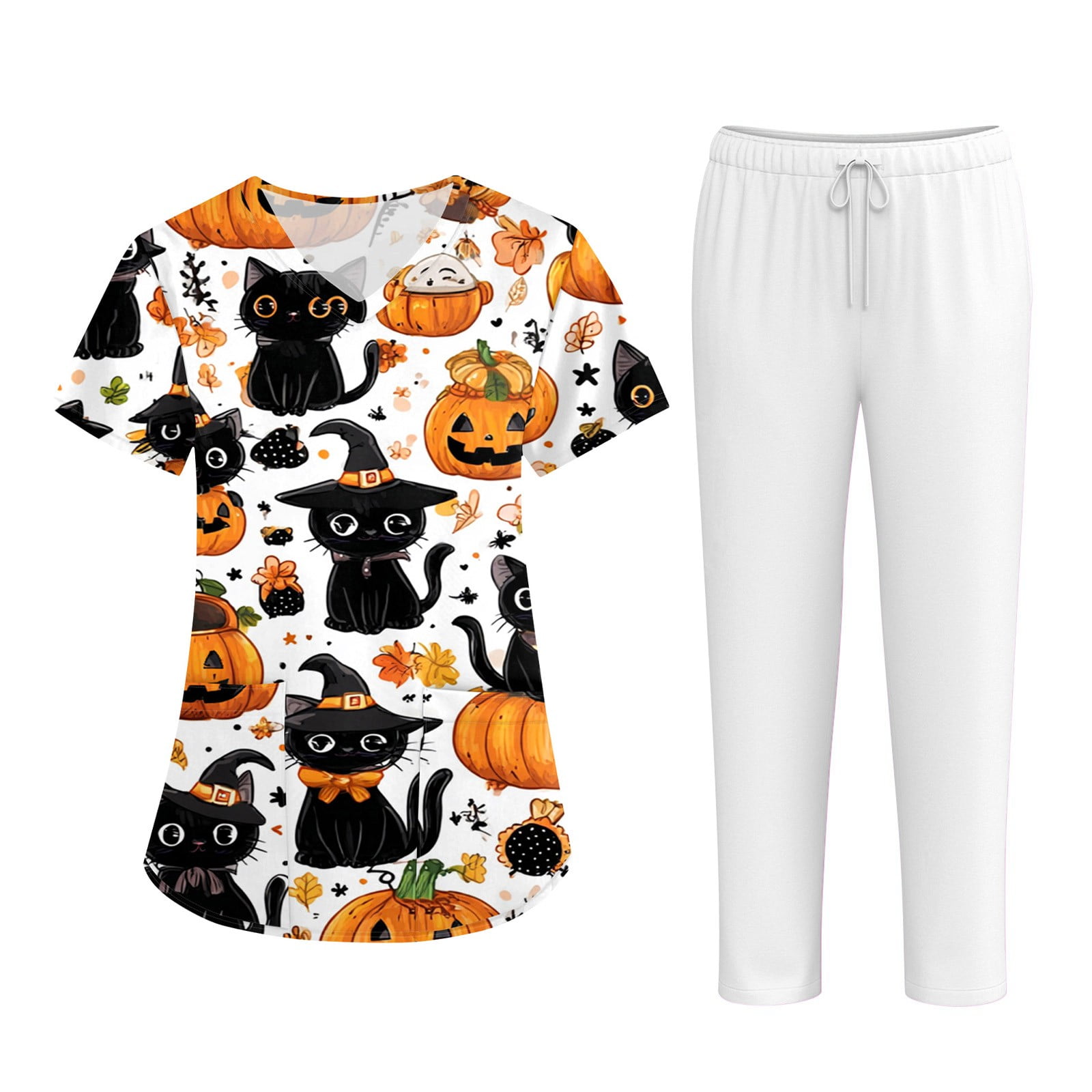 HAJWOH Brown Halloween Scrubs Sets for Women Stretchy Nurse Uniform ...