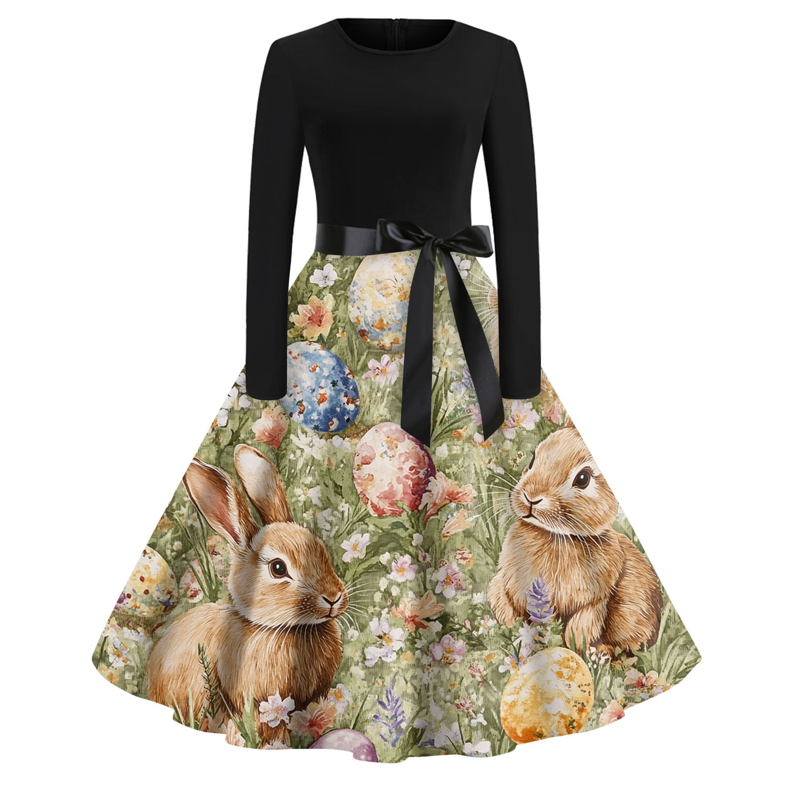 HAJWOH Easter Dresses for Women Church Long Sleeve Bunny Egg Graphic ...