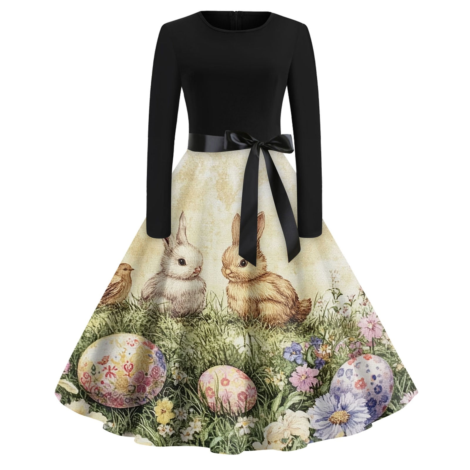 HAJWOH Easter Dresses for Women Church Long Sleeve Bunny Egg Graphic ...