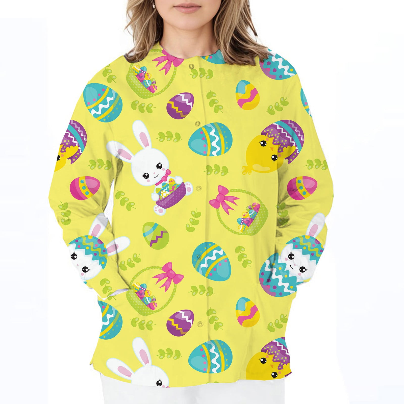 HAJWOH Easter Scrub Jackets for Women Long Sleeve Snap Front Medical ...