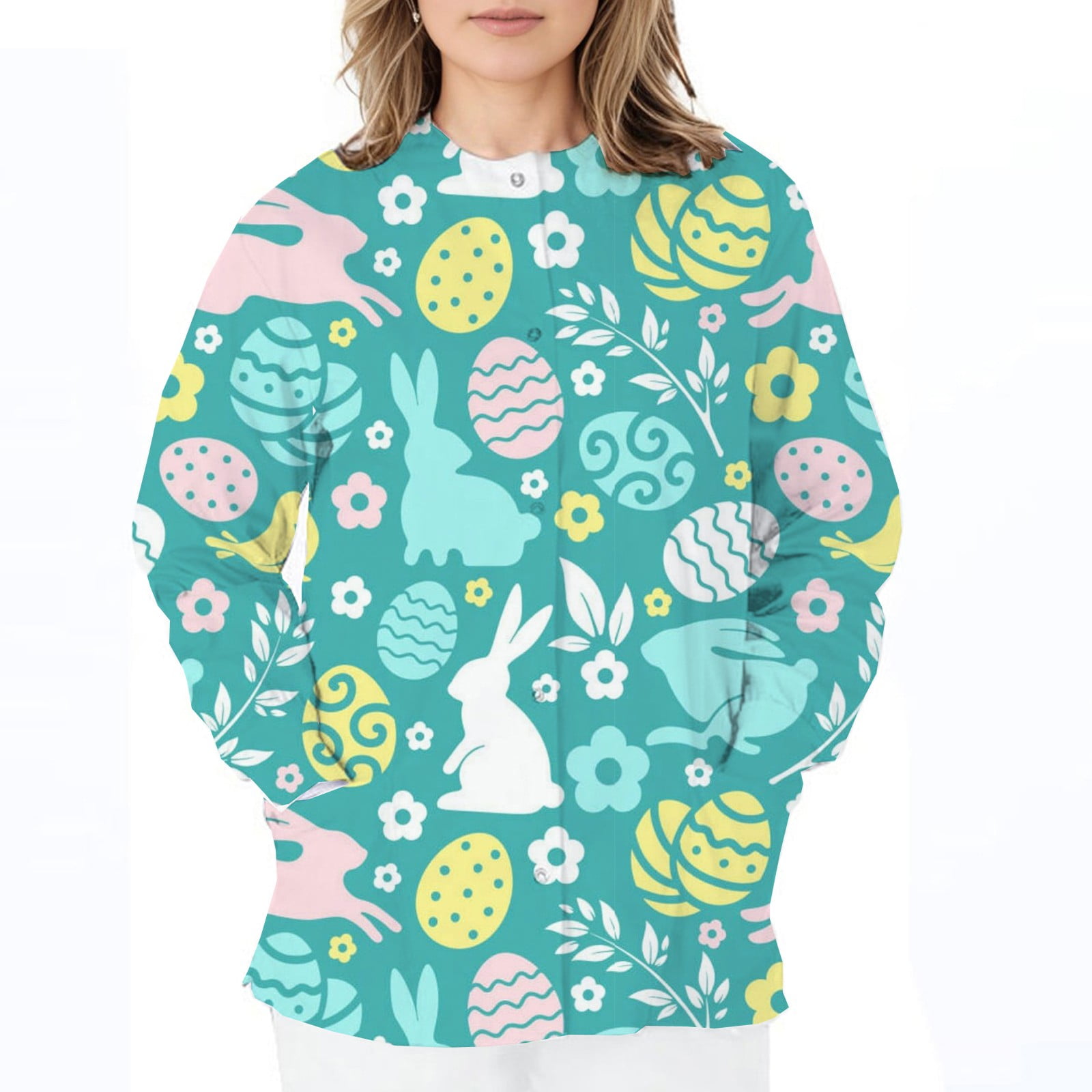 HAJWOH Easter Scrub Jackets for Women Long Sleeve Snap Front Working ...