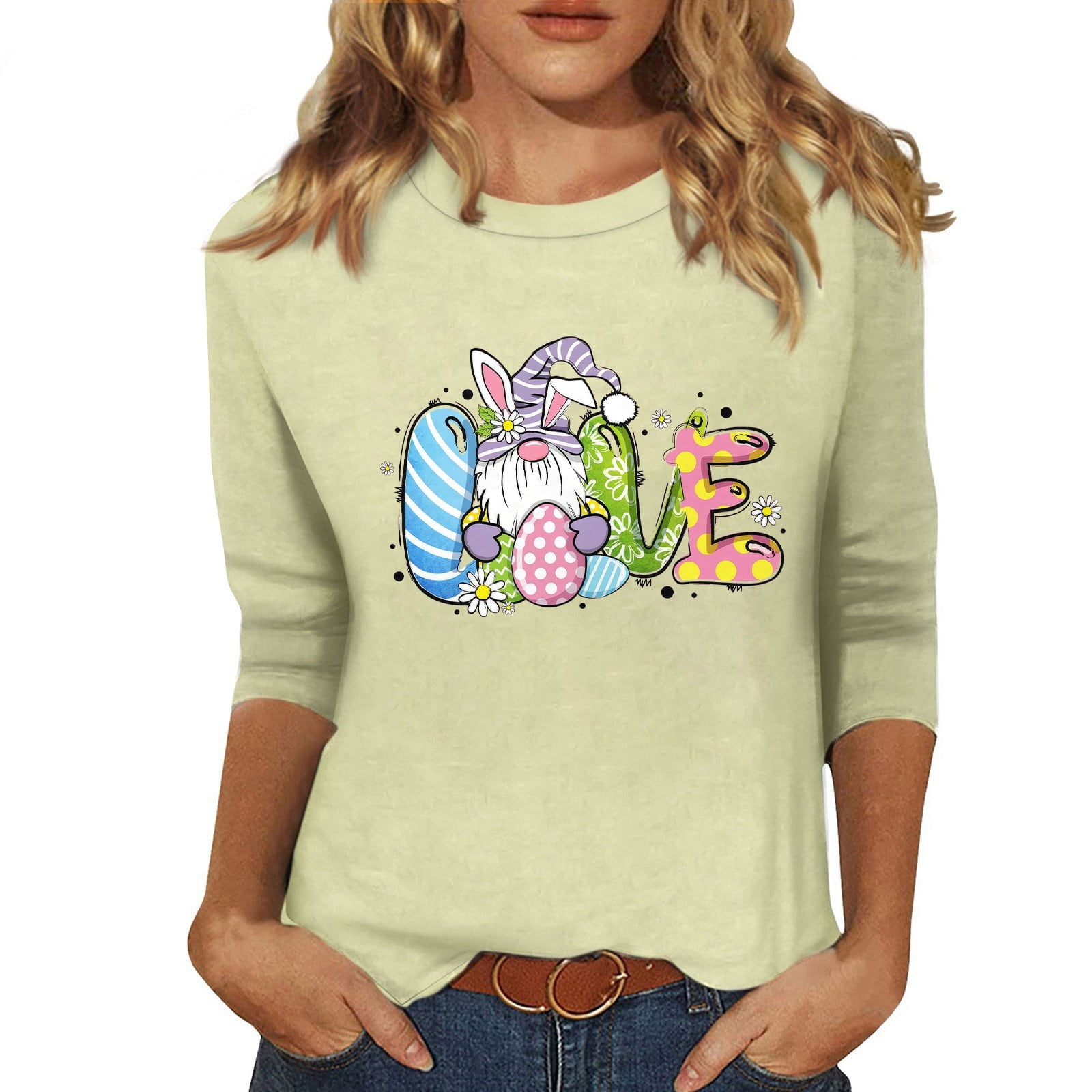 HAJWOH Easter Shirts for Women S 3/4 Length Sleeve Bunny Egg Hunt Print ...