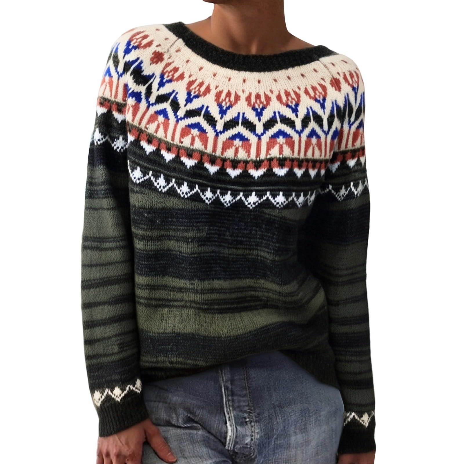 HAJWOH Fair Isle Sweater Womens Vintage Knit Sweater 2026 Winter Long ...
