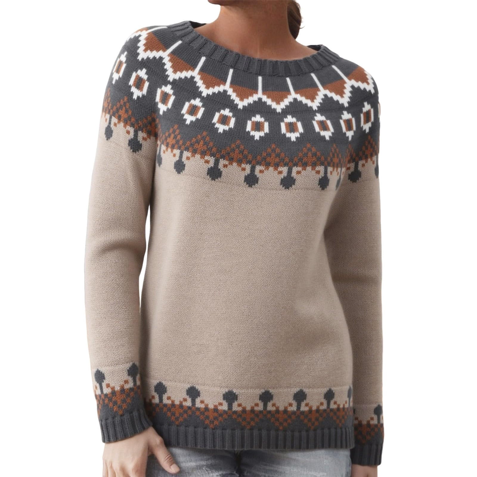 HAJWOH Fair Isle Sweater Womens Vintage Knitted Sweaters Winter Long ...