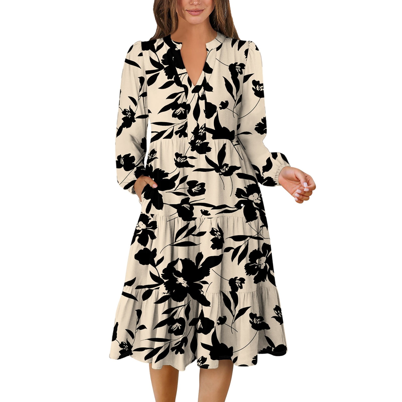 HAJWOH Fall Dresses for Women 2025 Casual Long Sleeve Sundresses Soft V ...