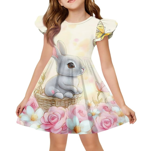 HAJWOH Girls Summer Dresses Flutter Sleeve Easter Dresses Cute Cartoon ...