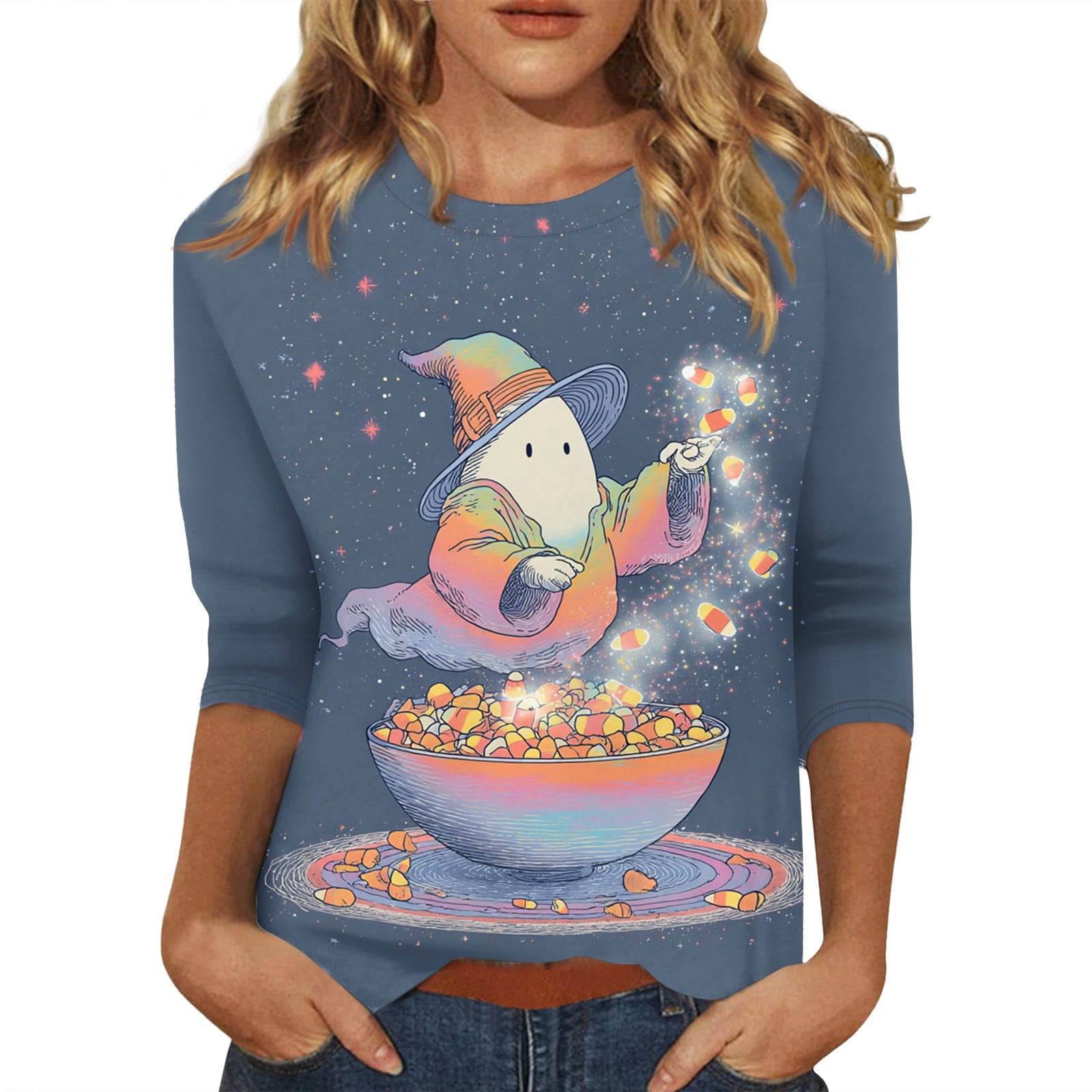 HAJWOH Halloween Shirts for Women Spooky Pumpkin Bat Spider Print Top 3 ...