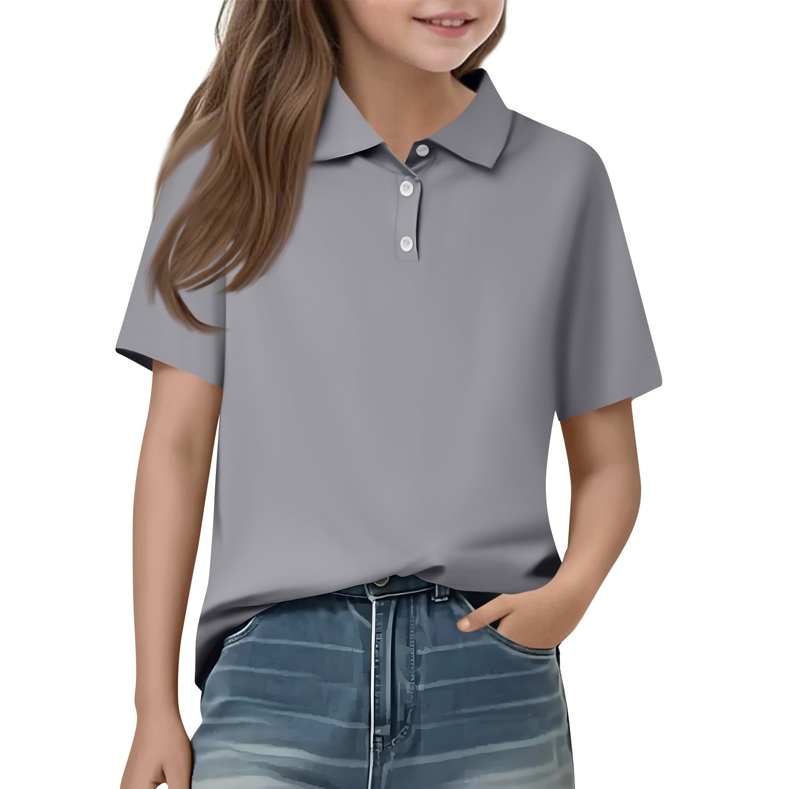 HAJWOH Junior Girls Polo Uniform Shirts School Gray Short Sleeve ...