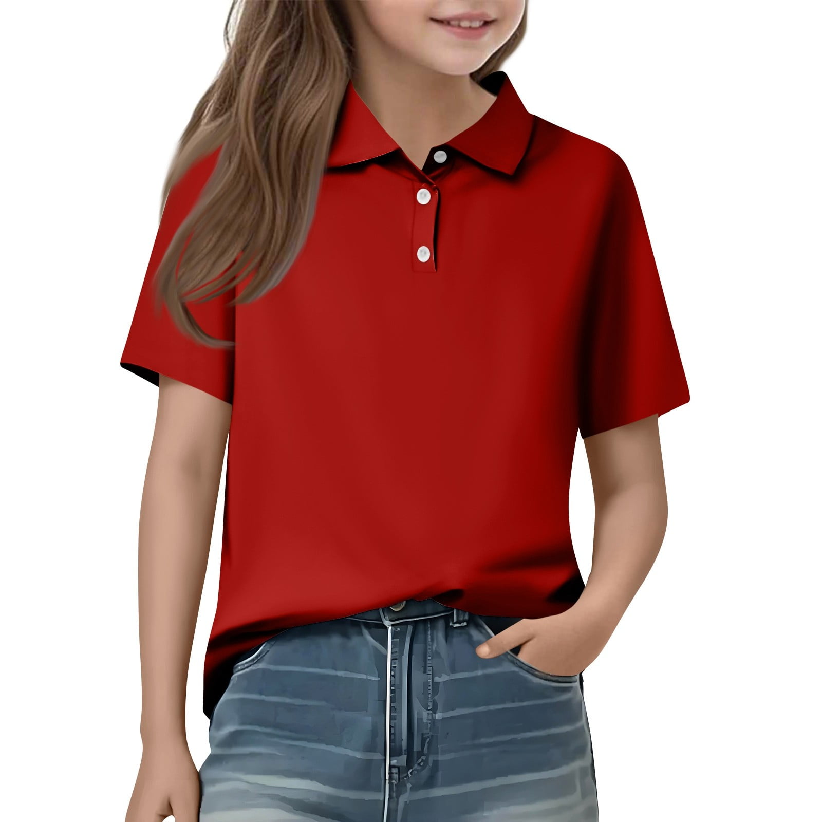 HAJWOH Junior Girls Polo Uniform Shirts School Red Short Sleeve ...