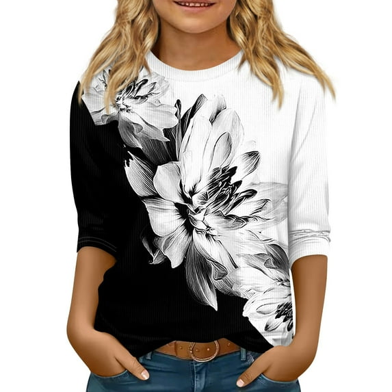 HAJWOH Kids Girls 3/4 Sleeve Shirts 2026 New Floral Print Tops Crewneck ...