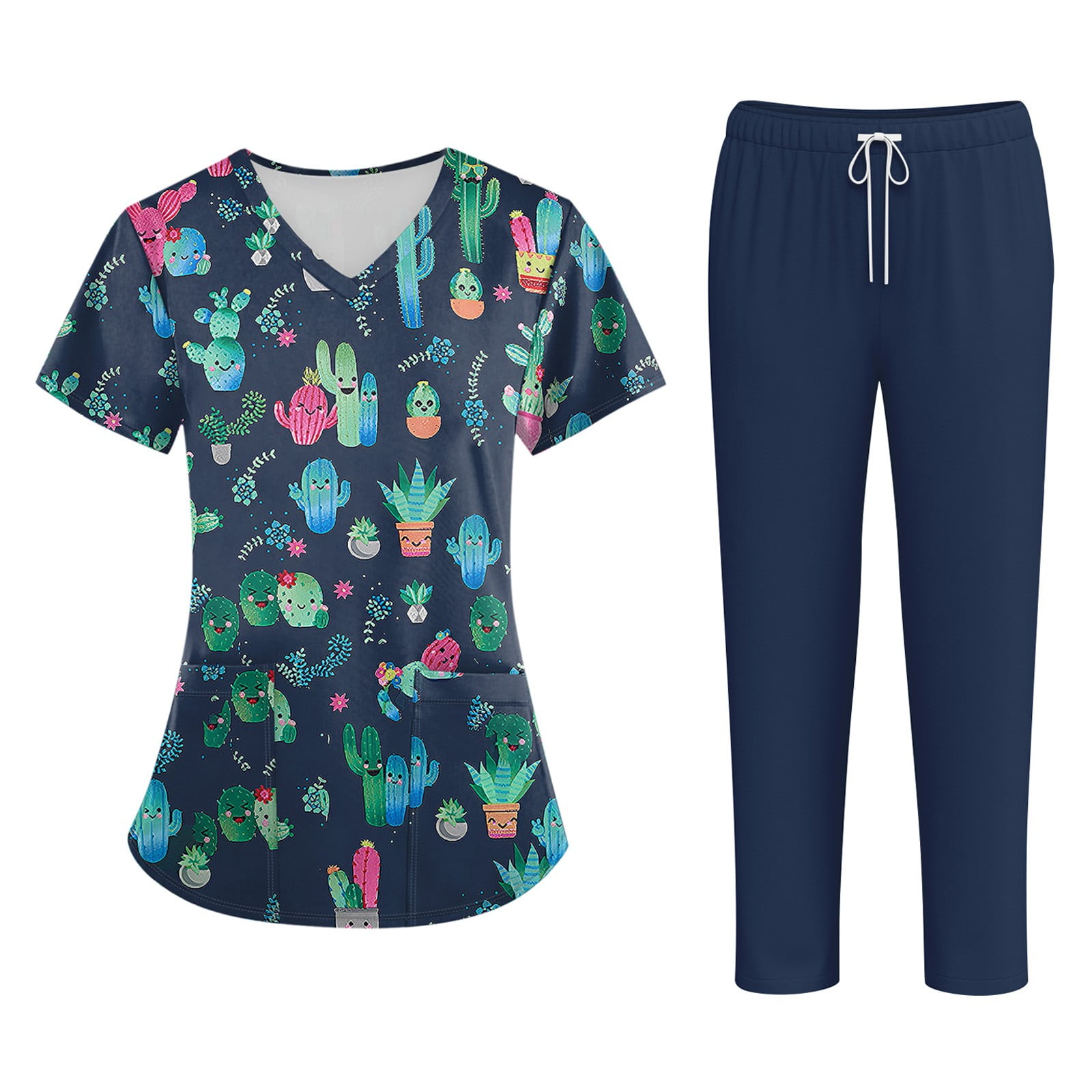 HAJWOH Medical Scrubs Set for Women Cute Print Scrub Top and Cargo ...