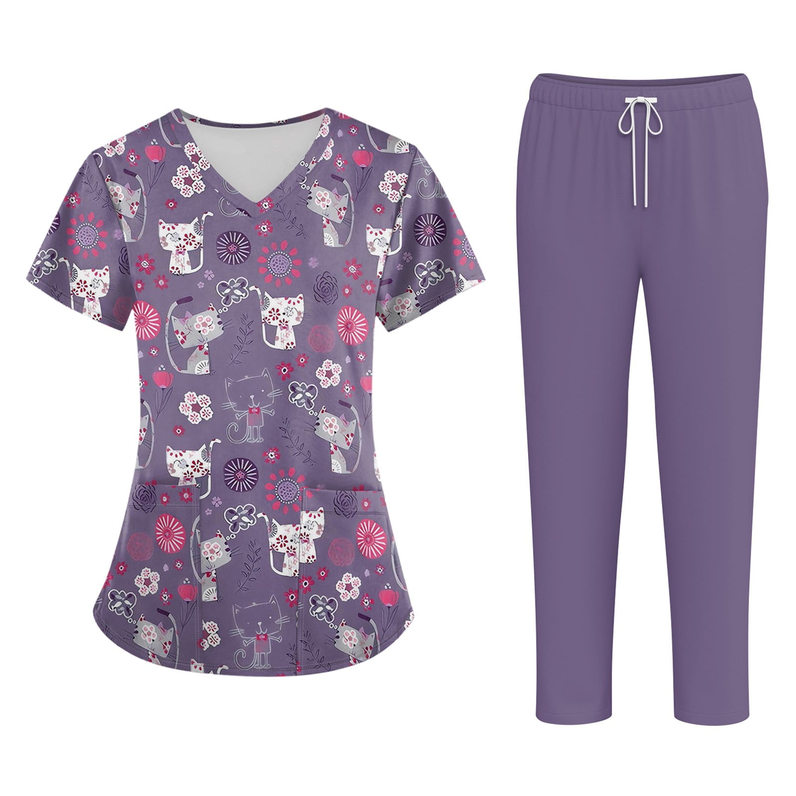 HAJWOH Medical Scrubs Set for Women Cute Print Scrub Top and Cargo ...