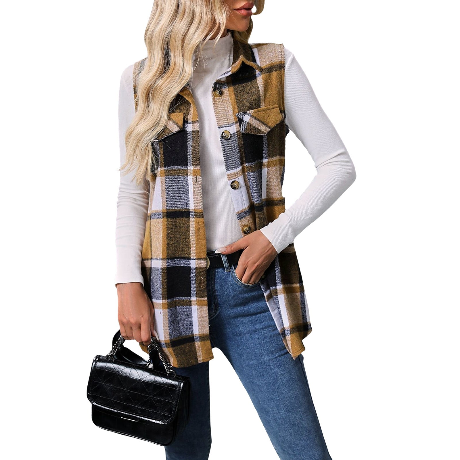 HAJWOH Plaid Vest for Women Button Down Sleeveless Shacket Shirt Jacket ...