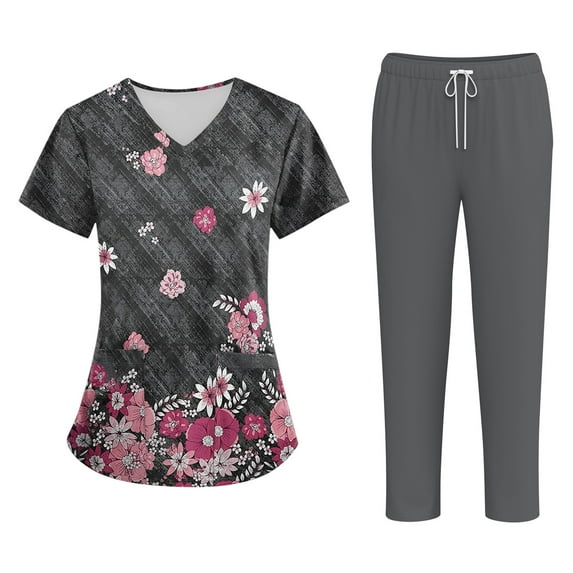 HAJWOH Scrubs For Women Set - Stretch V-Neck Print Pocket Top ...