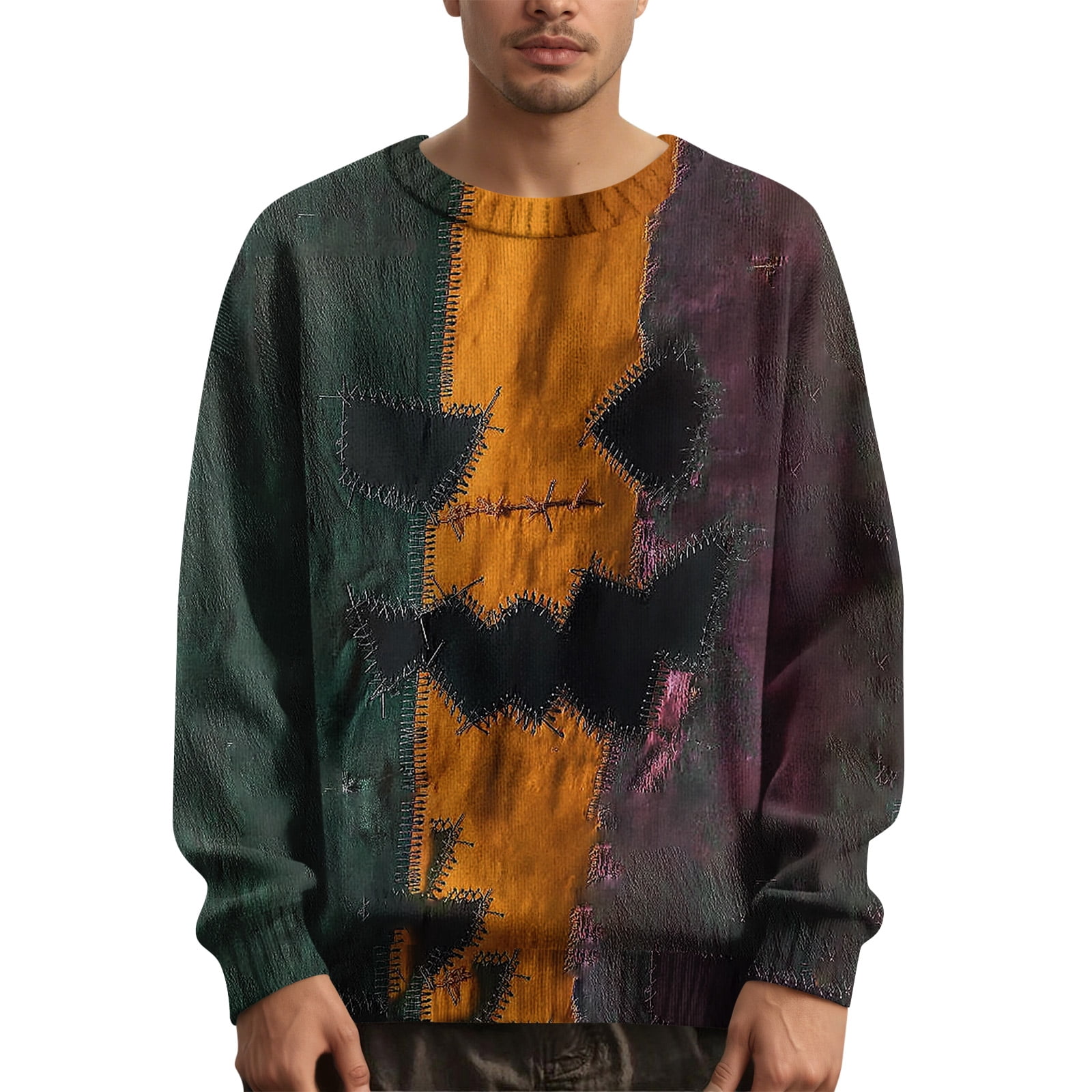 HAJWOH Sweater for Men Halloween Spooky Ghost Face Stitched Knit ...