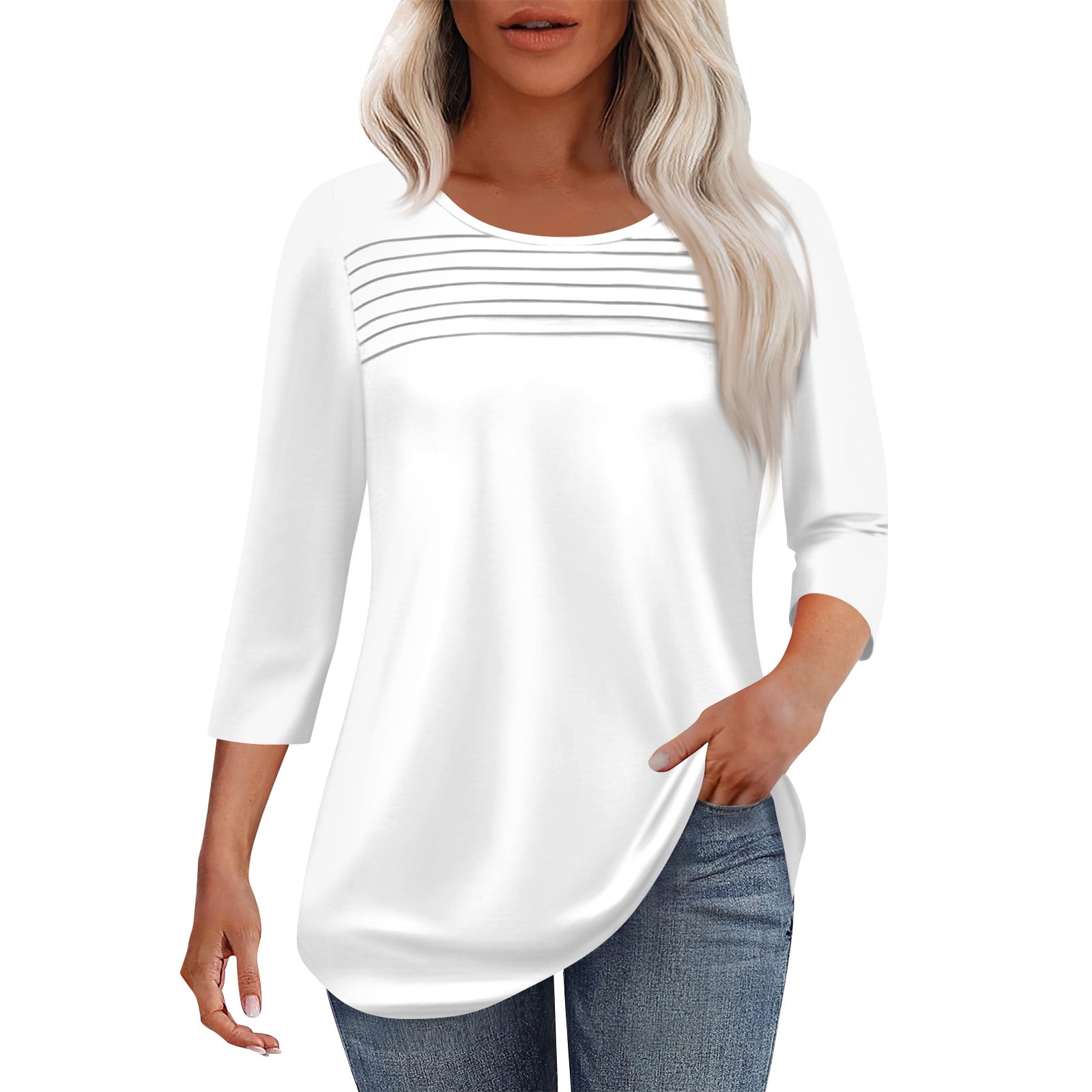 HAJWOH White Tops for Women 3/4 Sleeve Shirts Dressy Casual Pleated ...