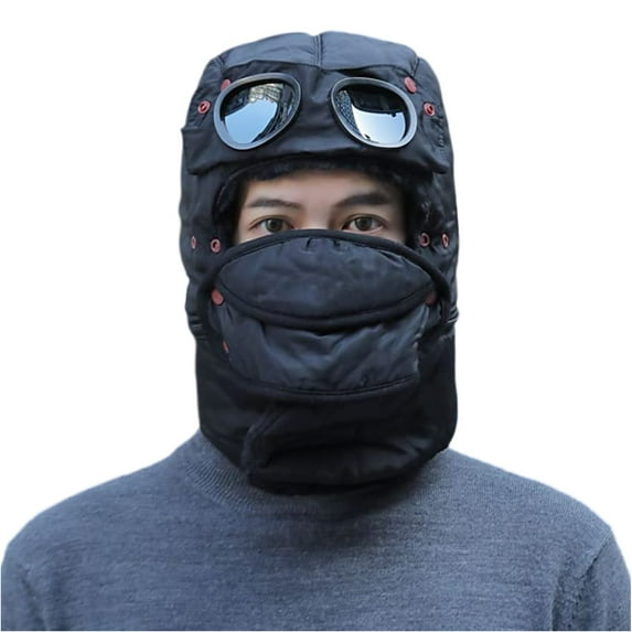 HAJWOH Winter Thermal Hat with Glasses Windproof Ski Mask Cap Fur Lined ...