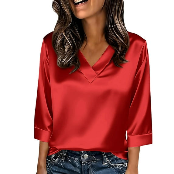 HAJWOH Women Silk Satin Tops 3/4 Sleeve Blouse V Neck Shirts Business ...