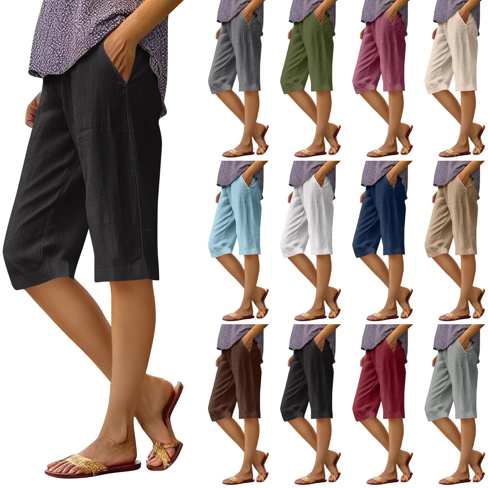 HAJWOH Women Summer Pull On Linen Bermuda Shorts Knee Length Gauze ...