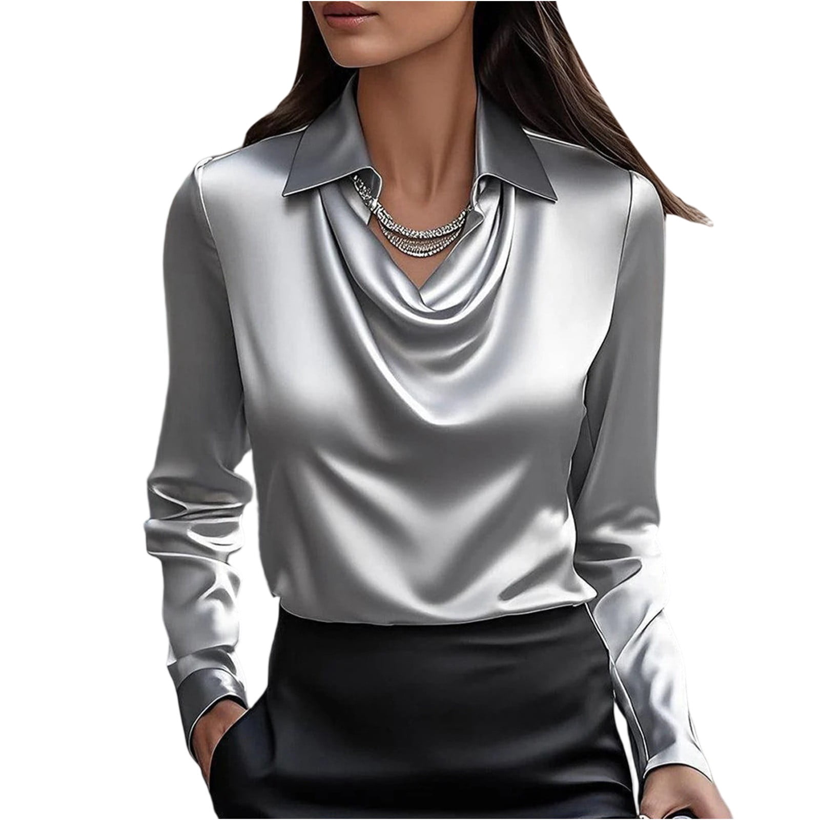 HAJWOH Women's Dressy Silk Tops Business Casual Blouses Cowl Neck Long ...