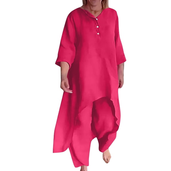 HAJWOH Women's Linen Outfit - Two Piece Set - Pink - Casual - Maxi ...