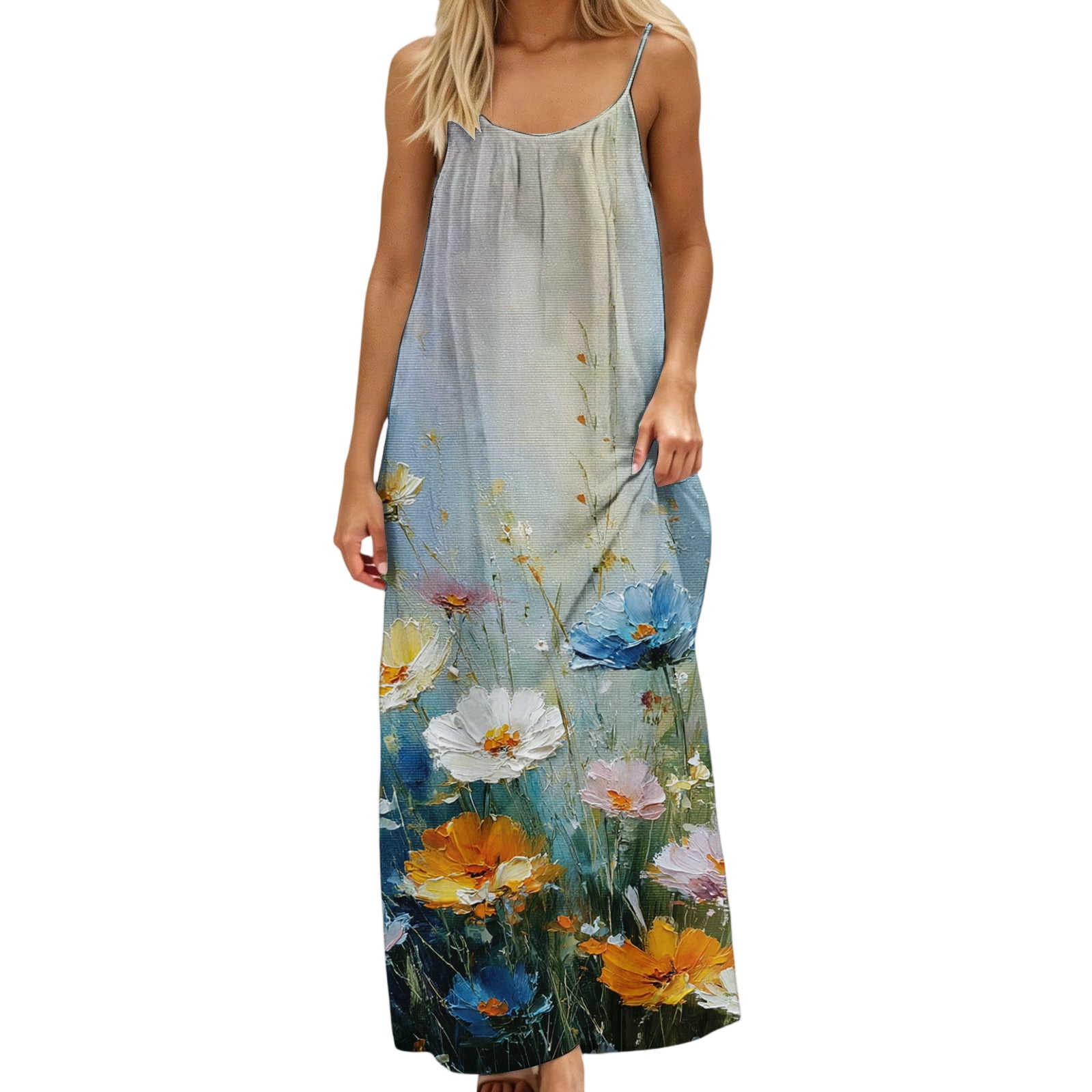 HAJWOH Women's Open Back Spaghetti Strap Beach Floral Print Maxi Dress ...