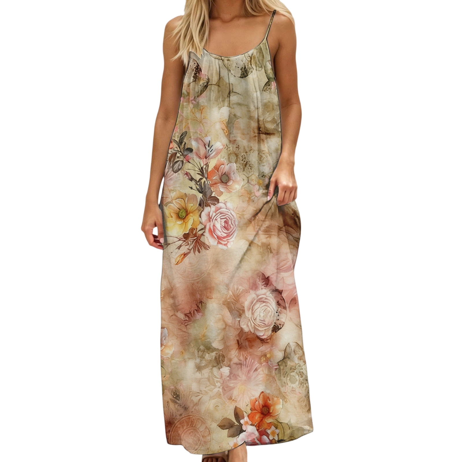 HAJWOH Women's Open Back Spaghetti Strap Beach Floral Print Maxi Dress ...