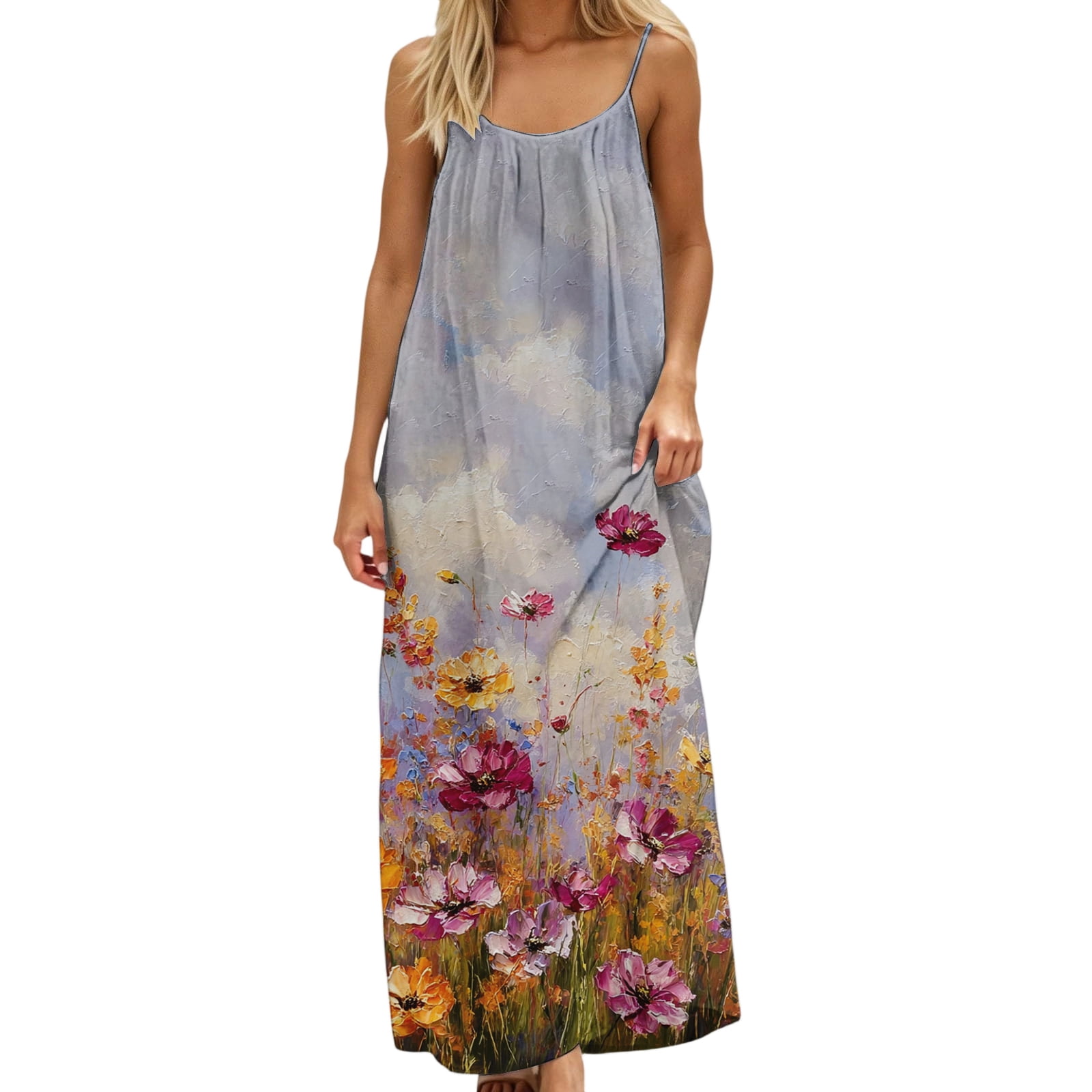 HAJWOH Women's Open Back Spaghetti Strap Beach Floral Print Maxi Dress ...