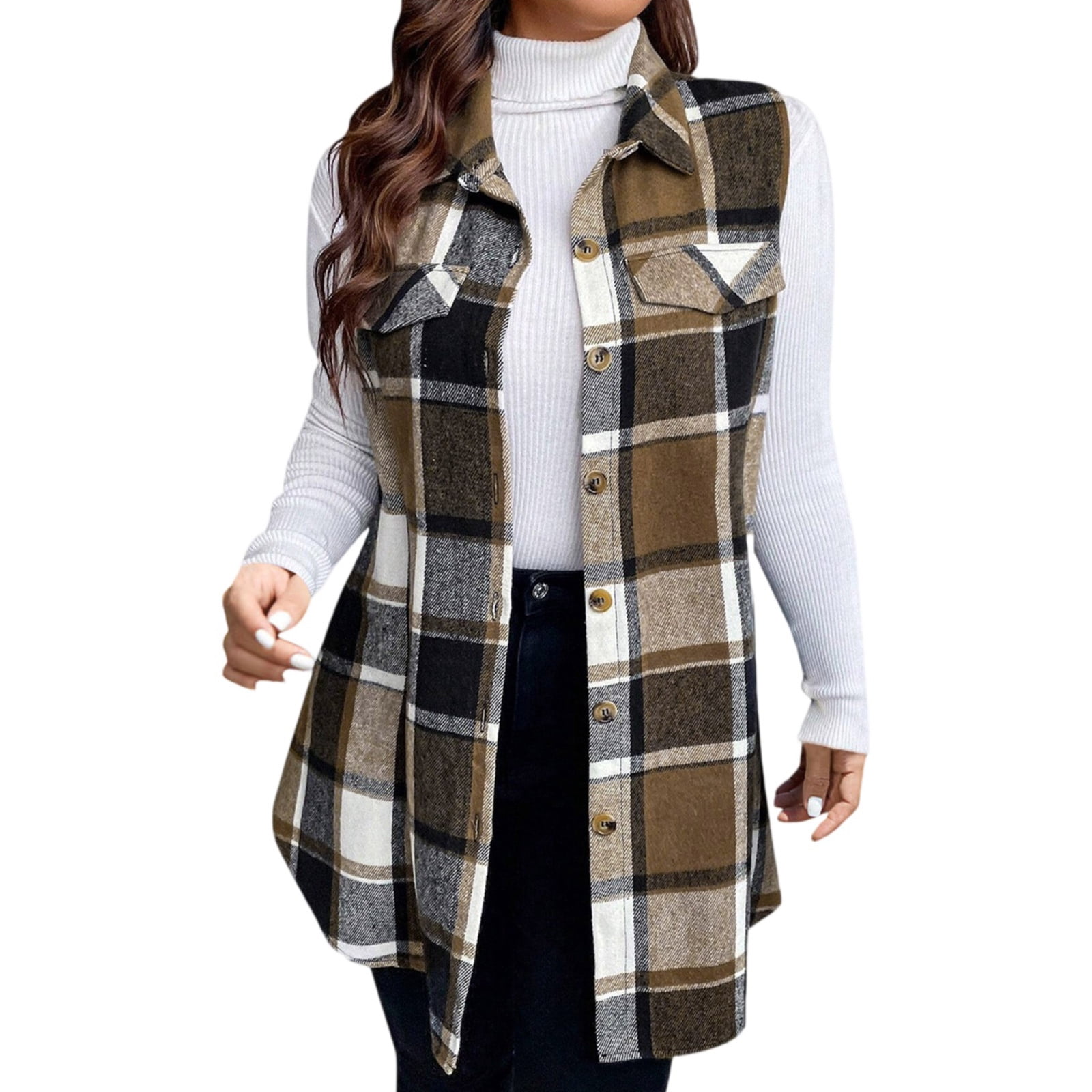 HAJWOH Women's Plaid Vest Button Down Sleeveless Shacket Shirt Jacket ...