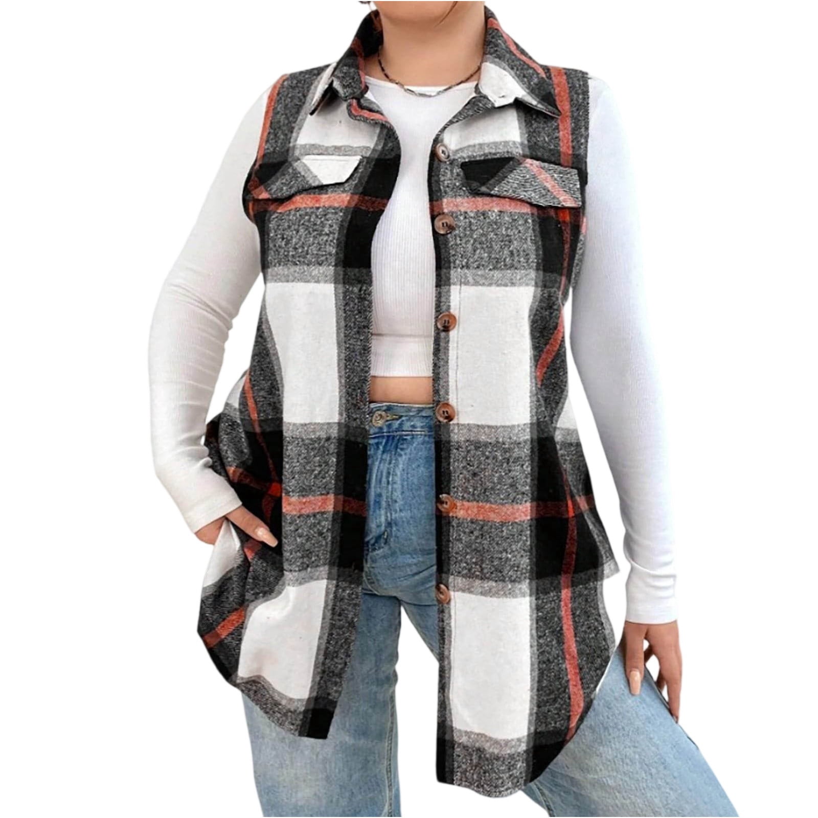 HAJWOH Women's Plaid Vest Button Down Sleeveless Shacket Shirt Jacket ...