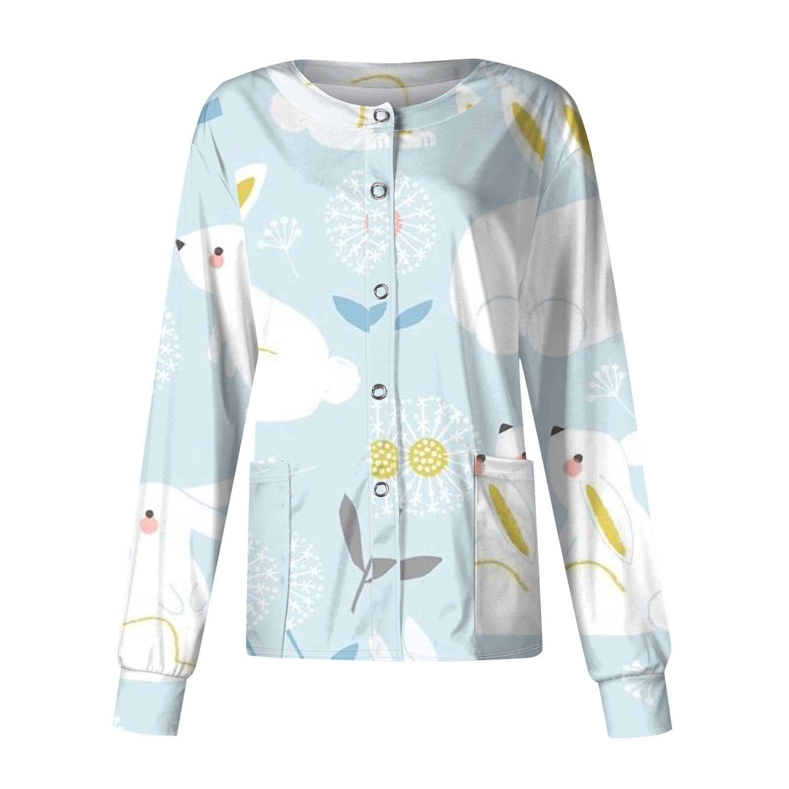 HAJWOH Womens Easter Scrub Jackets Happy Cartoon Bunny Print Snap Front ...