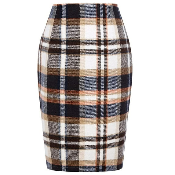 HAJWOH Womens Knee Length Elastic Waist Stretchy Bodycon Plaid Business ...