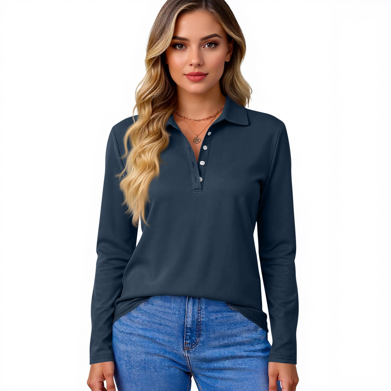 HAJWOH Womens Polo Uniform Shirts School Work Long Sleeve Top Casual ...