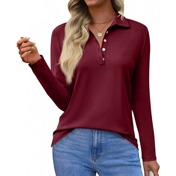 HAJWOH Womens Polo Uniform Shirts School Work Wine Long Sleeve Uniforms ...