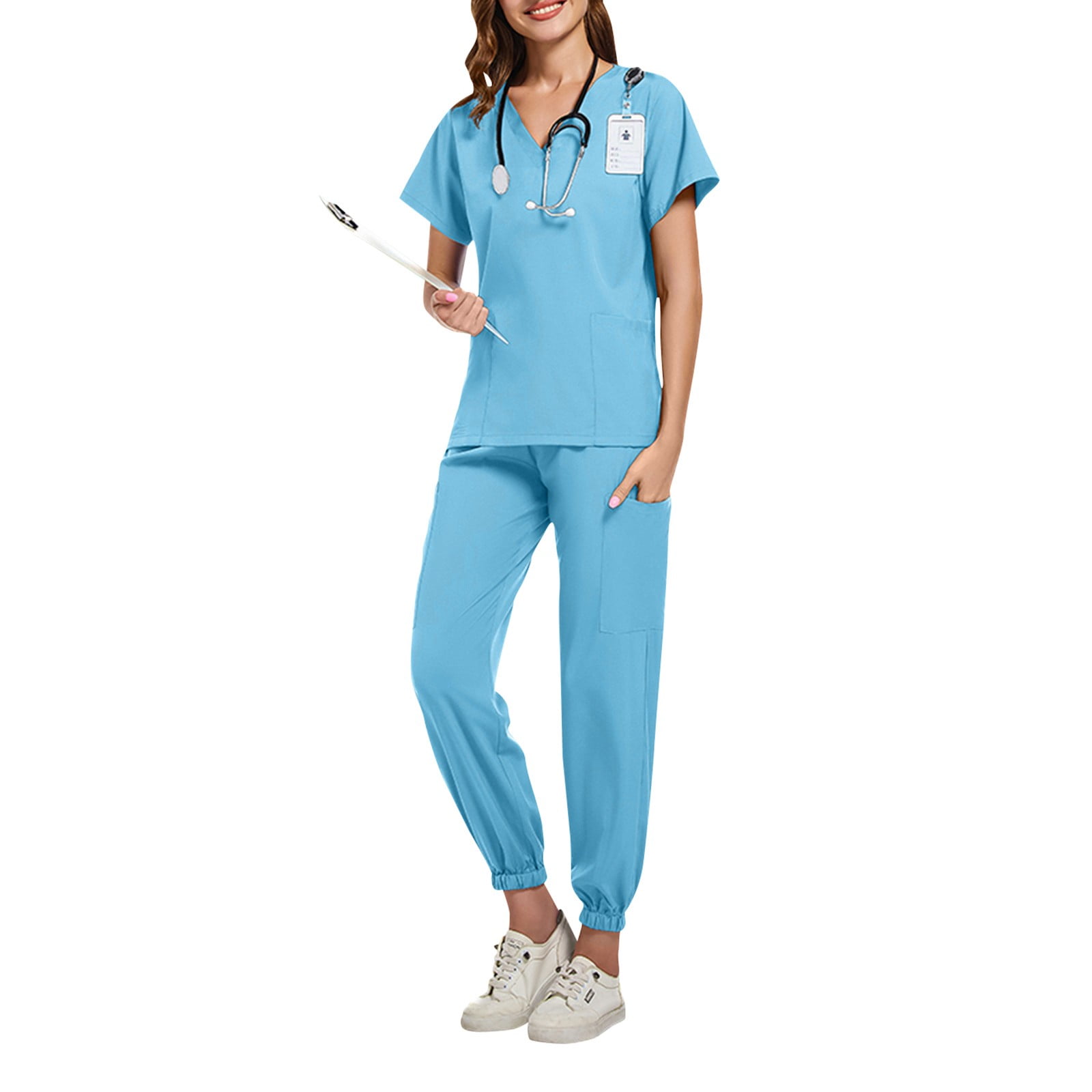 HAJWOH Womens Scrubs Sets Blue Stretchy Nurse Uniform Short Sleeve V ...