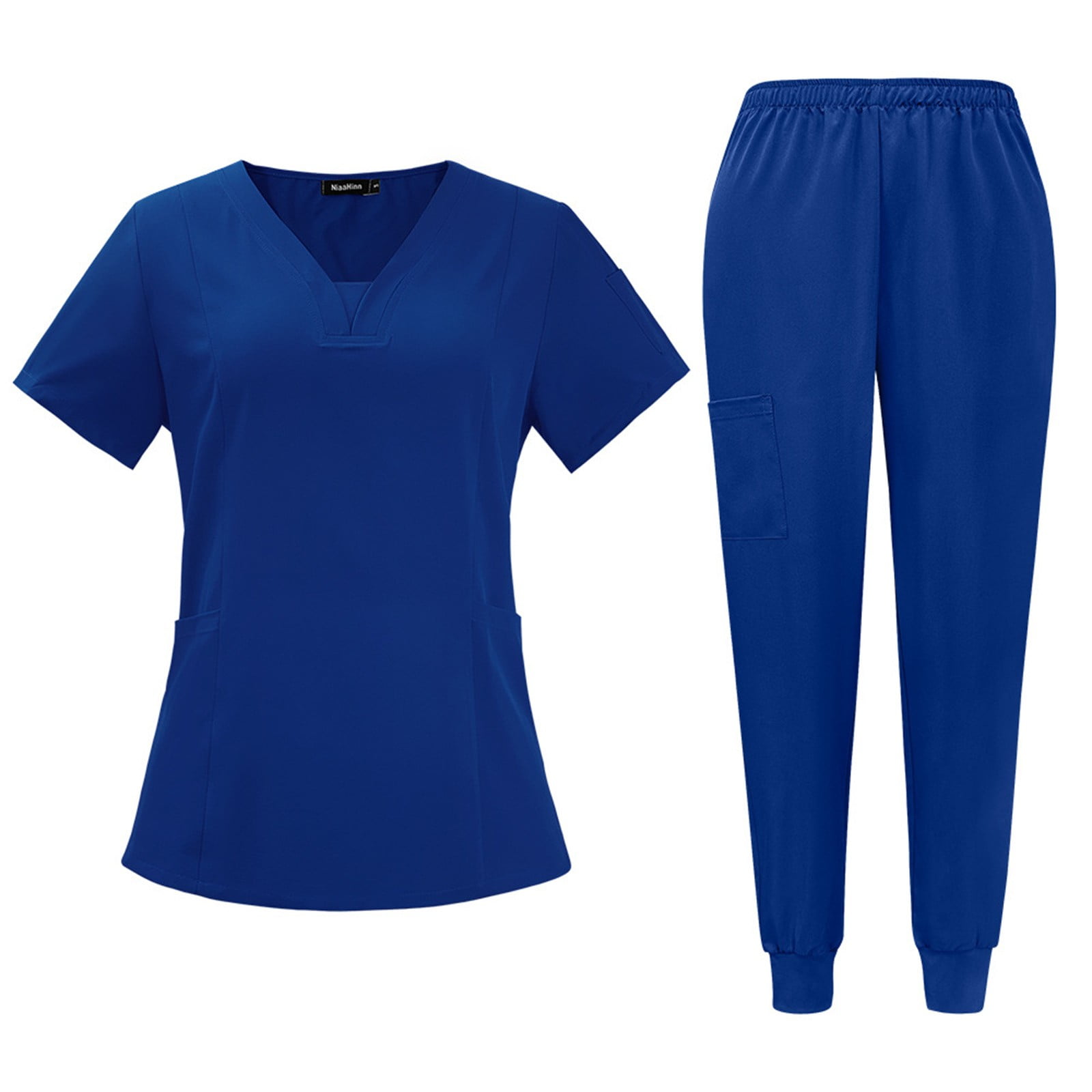 HAJWOH Womens Scrubs Sets Blue Stretchy Nurse Uniform Short Sleeve V ...